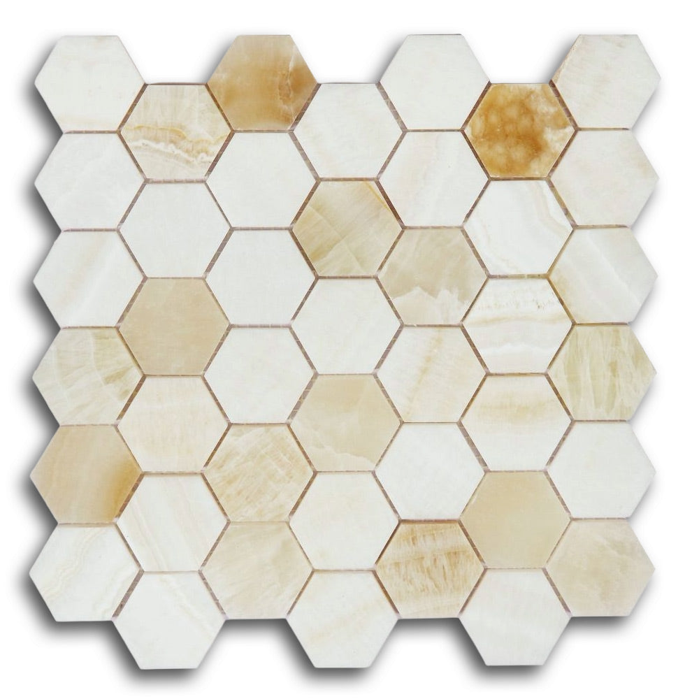 2" Beehive Onyx Ivory Honed Hexagon Marble Mosaic Tile - American Tile ...