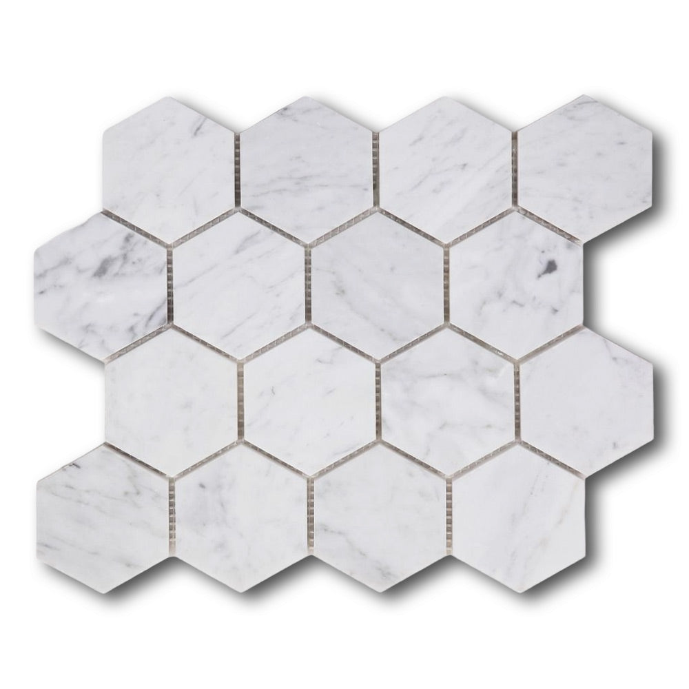 3" Beehive Carrara Polished Hexagon Marble Mosaic Tile