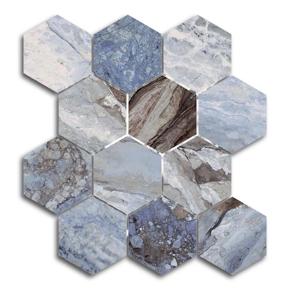 4" Mirage Ocean Polished Hexagon Porcelain Mosaic Tile