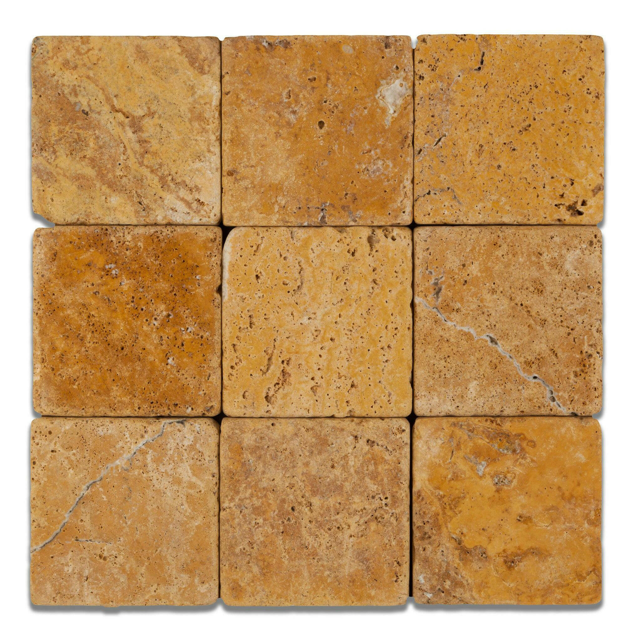 4x4 Gold / Yellow Travertine Tumbled Tile
