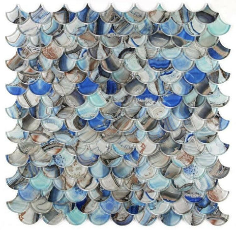 Clam Pisces Blue Glossy Scale Glass Mosaic Wall Tile