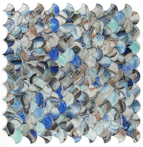 Clam Pisces Blue Glossy Scale Glass Mosaic Wall Tile