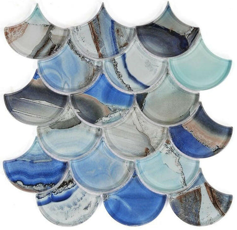 Clam Pisces Blue Glossy Scale Glass Mosaic Wall Tile