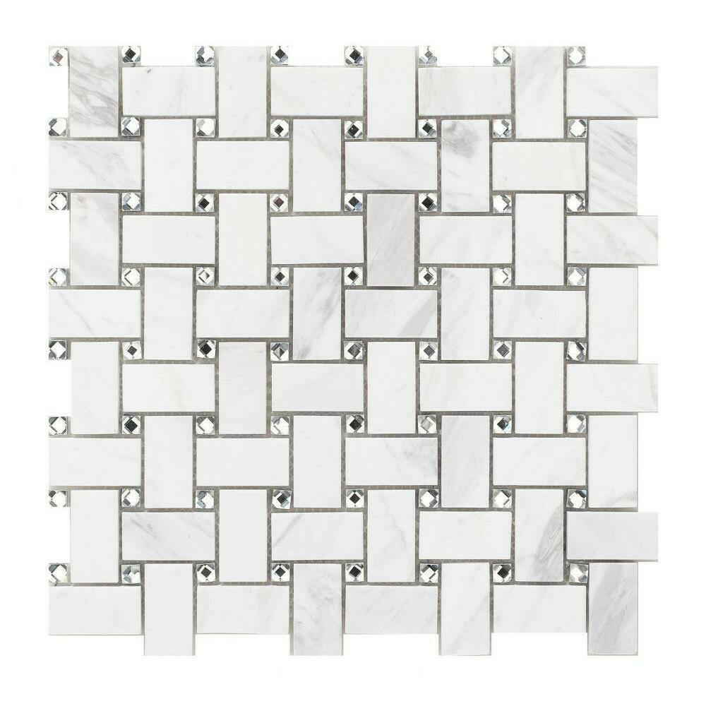 Precious Stone Cross White Basketweave Mosaic Wall Tile
